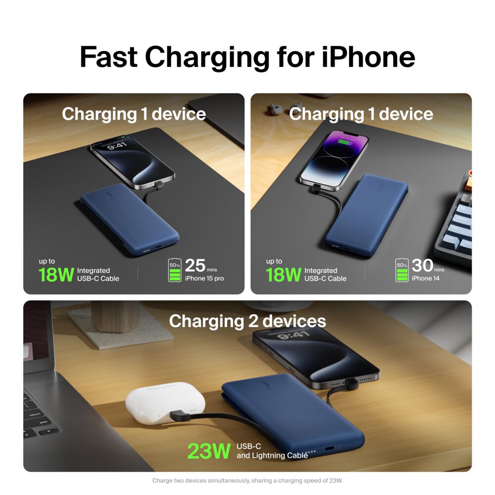 10K USB-C PD Power Bank with Integrated Cables | Belkin US