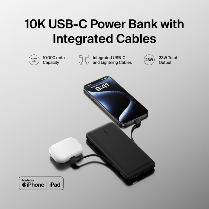 10K USB-C PD Power Bank with Integrated Cables | Belkin US