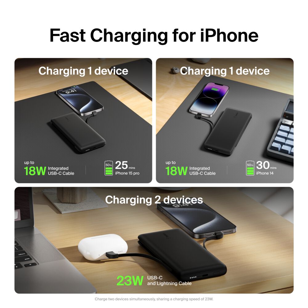 10K USB-C PD Power Bank with Integrated Cables | Belkin US