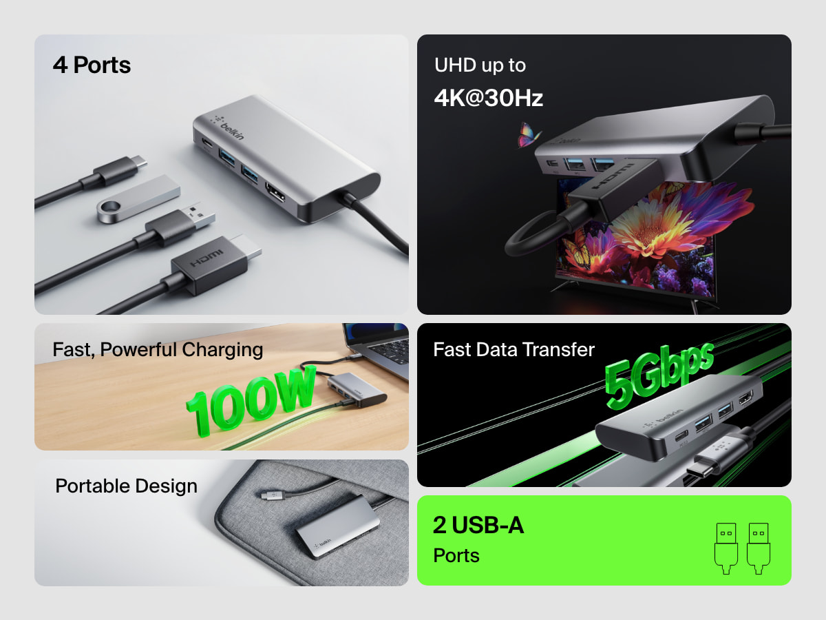 USB-C PD 4-in-1 Multiport Adapter Hub, 4K HDMI | Belkin CA