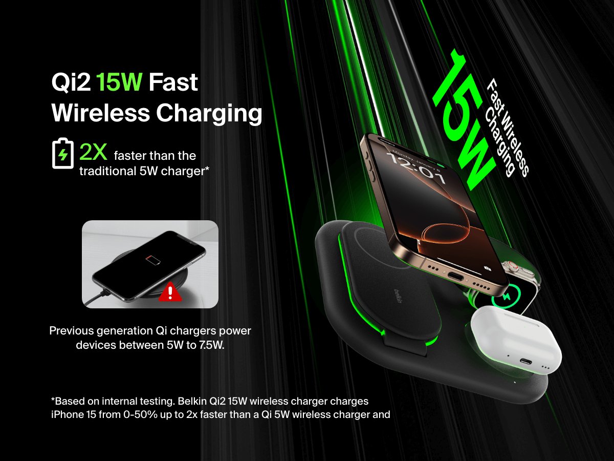 3-in-1 Magnetic Foldable Wireless Charger with Qi2, MagSafe-compatible | Belkin CA