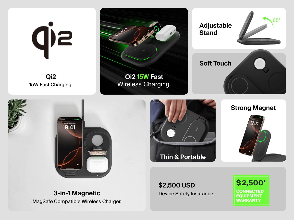 3-in-1 Magnetic Foldable Wireless Charger with Qi2, MagSafe-compatible | Belkin CA