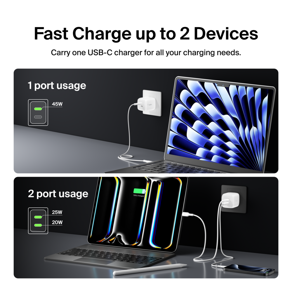 Dual USB-C GaN Wall Charger with PPS 45W | Belkin US